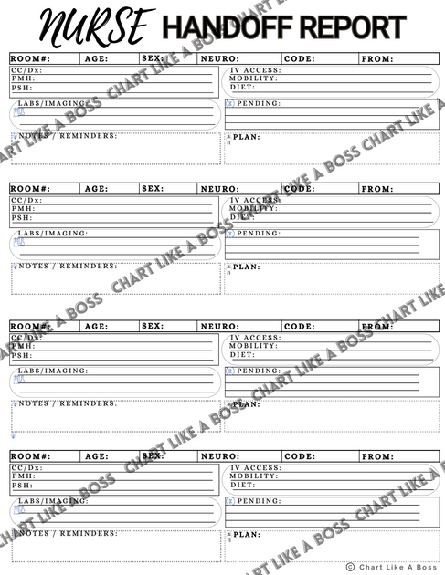 4 Patient WHITE Printable Handoff Report Sheet – Ink and Needle